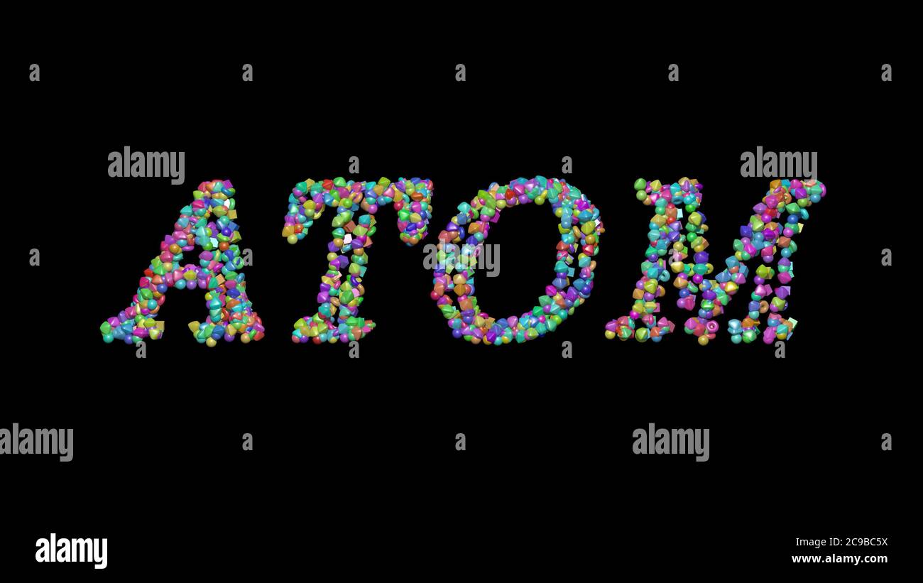 atom written in 3D illustration by colorful small objects casting ...