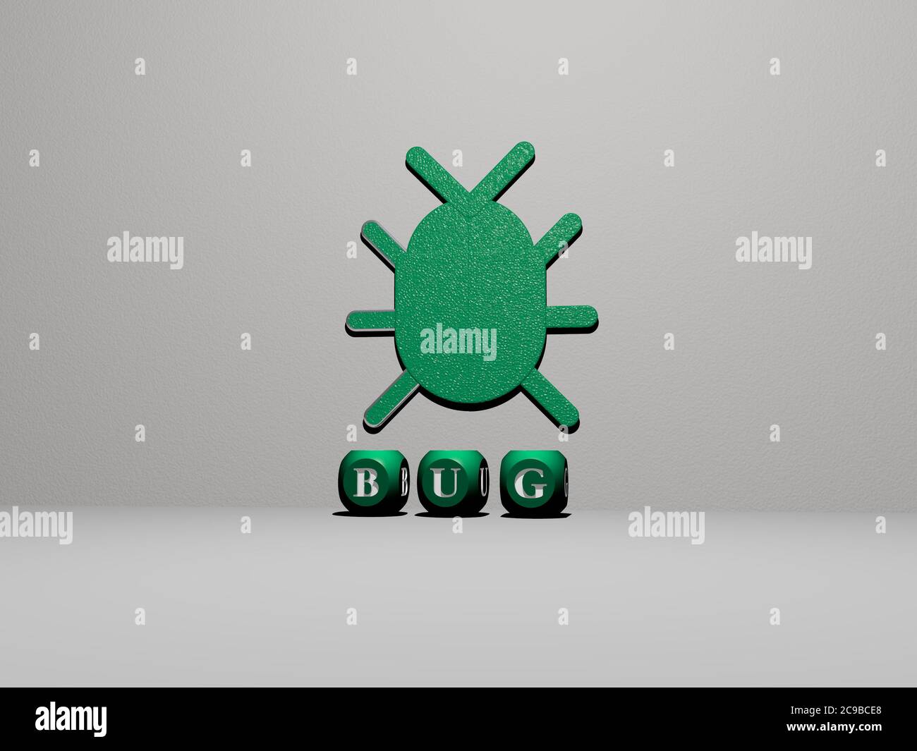 3D graphical image of BUG vertically along with text built by metallic ...