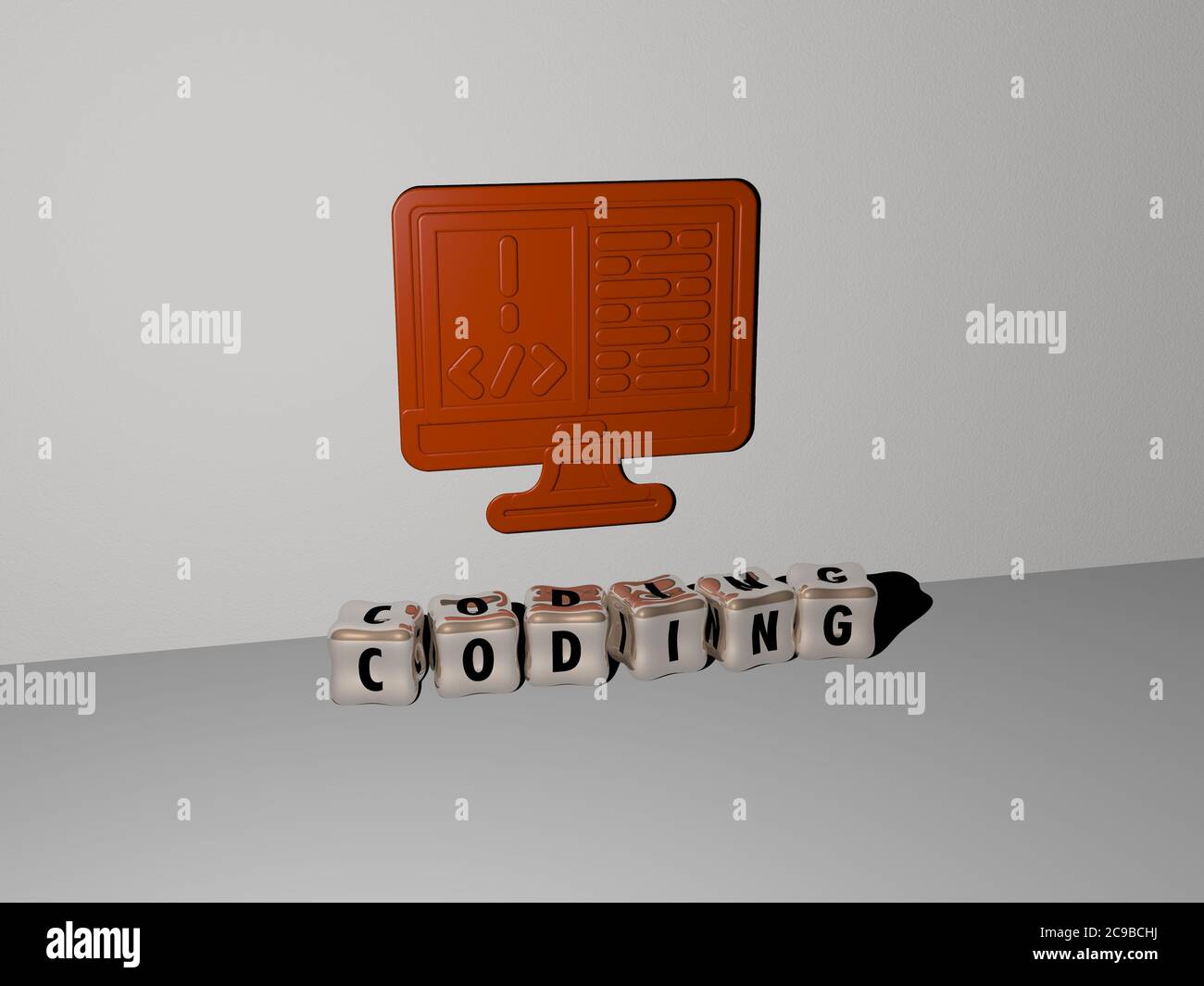 3D representation of coding with icon on the wall and text arranged by ...