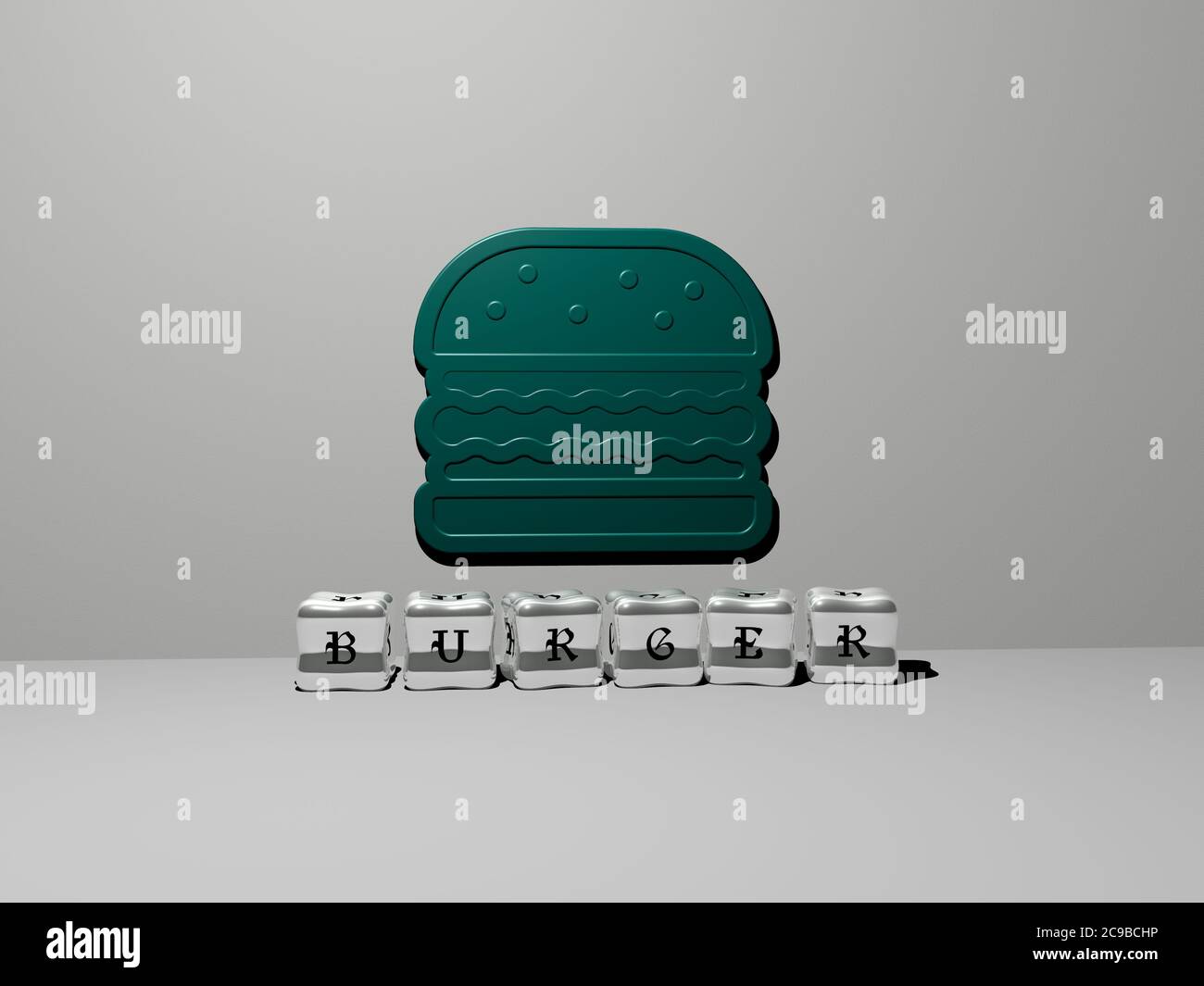 3D representation of BURGER with icon on the wall and text arranged by ...
