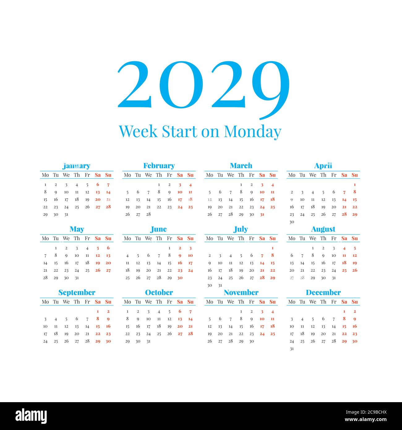 2029 Calendar with the weeks start on Monday Stock Vector Image & Art ...