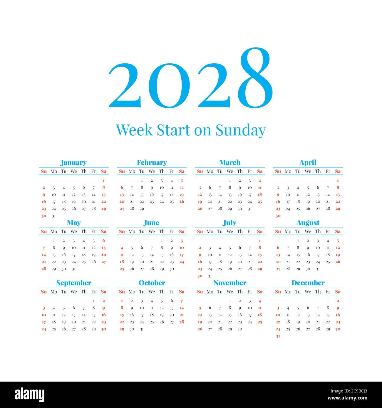 2028 Calendar with the weeks start on Sunday Stock Vector Image & Art ... 2028 Calendar with the weeks start on Sunday Stock Vector Image & Art ...