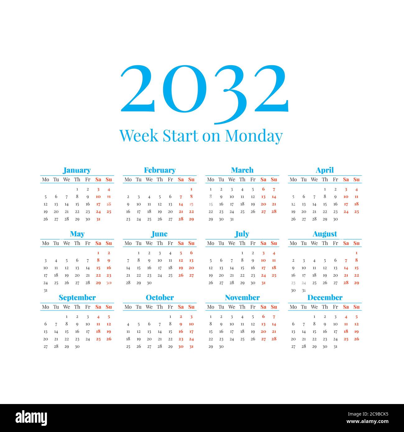 2032 Calendar with the weeks start on Monday Stock Vector Image & Art ...