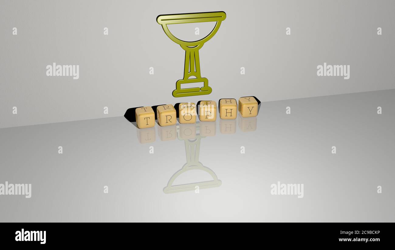 3D illustration of TROPHY graphics and text made by metallic dice ...