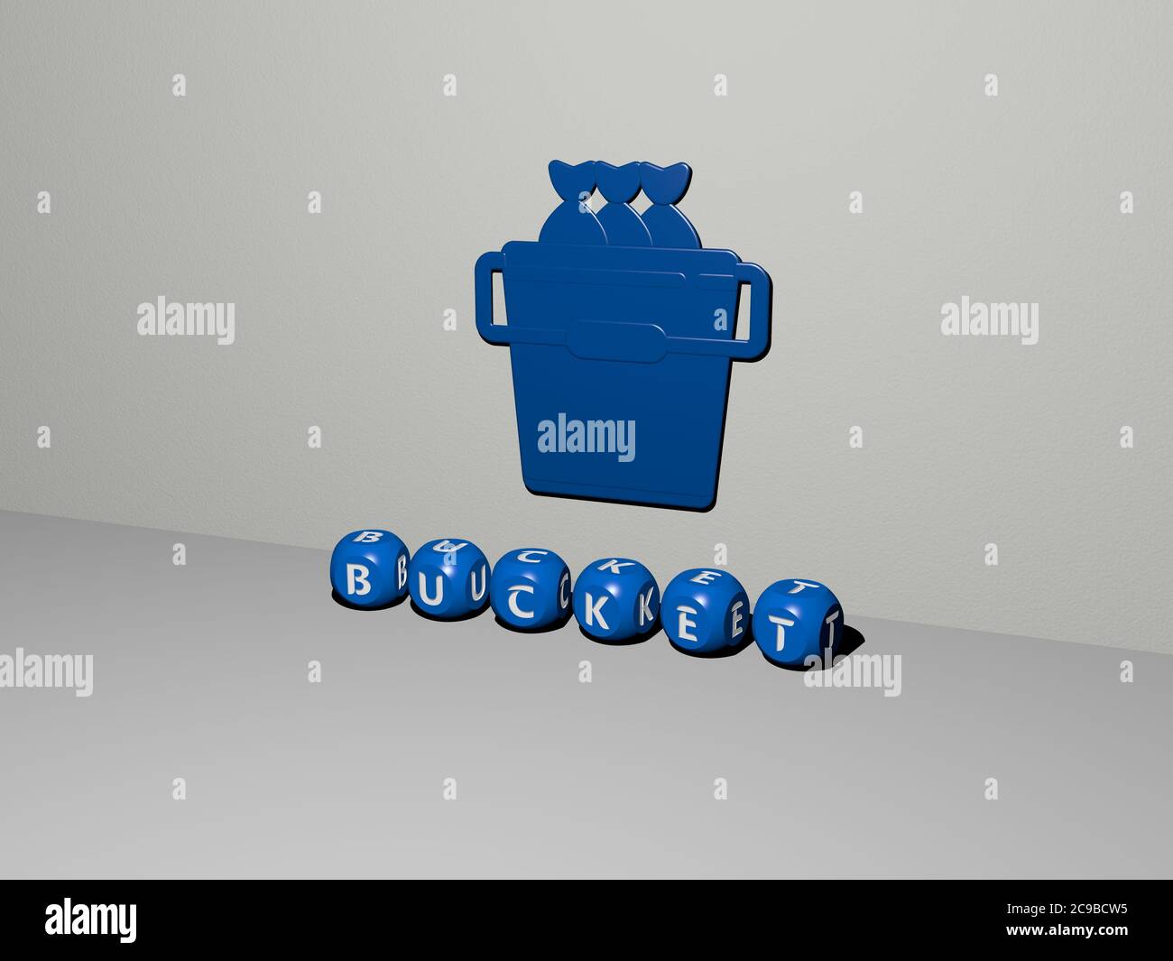3D illustration of bucket graphics and text made by metallic dice ...