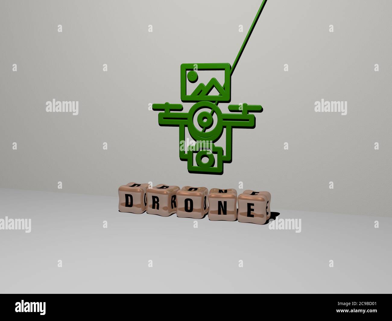 3D representation of DRONE with icon on the wall and text arranged by ...