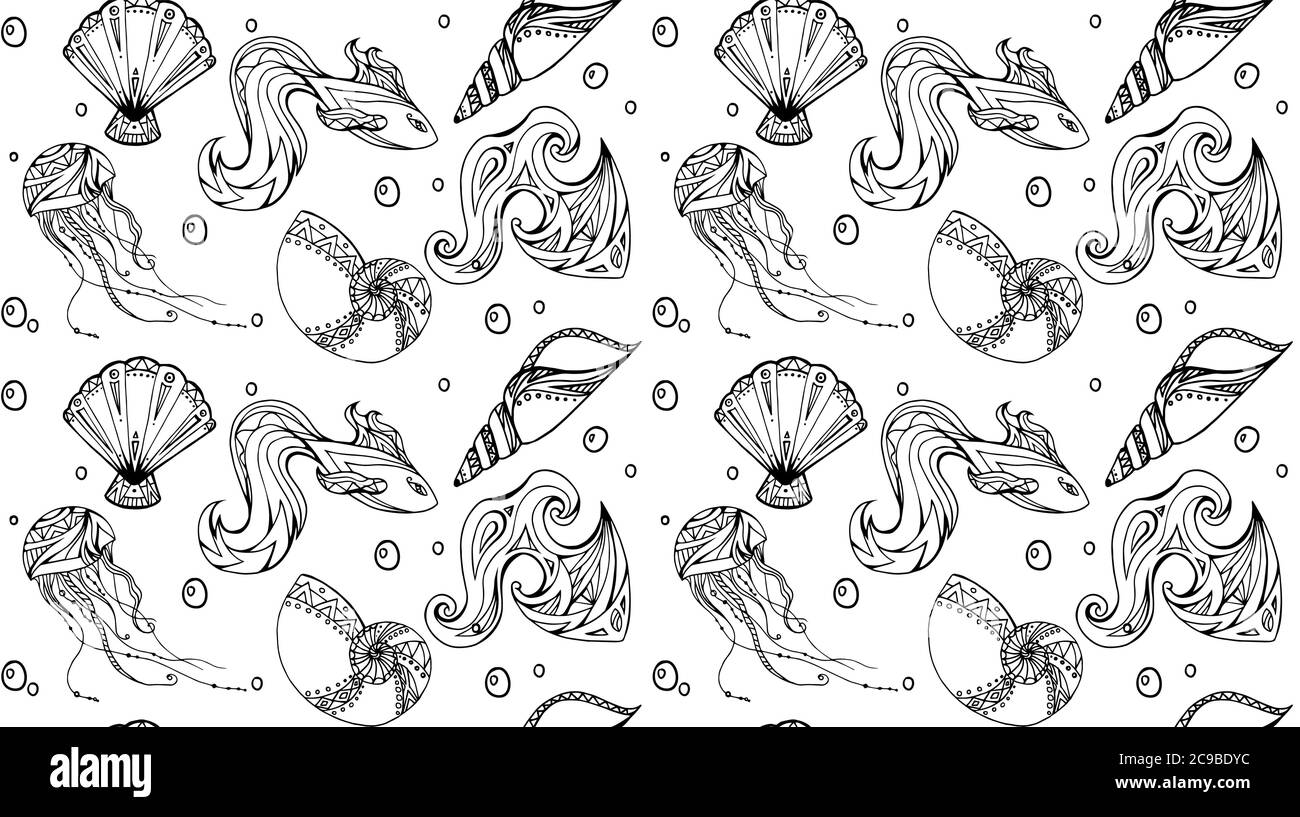 Seamless marine texture with fish and seashells decorated boho pattern ...