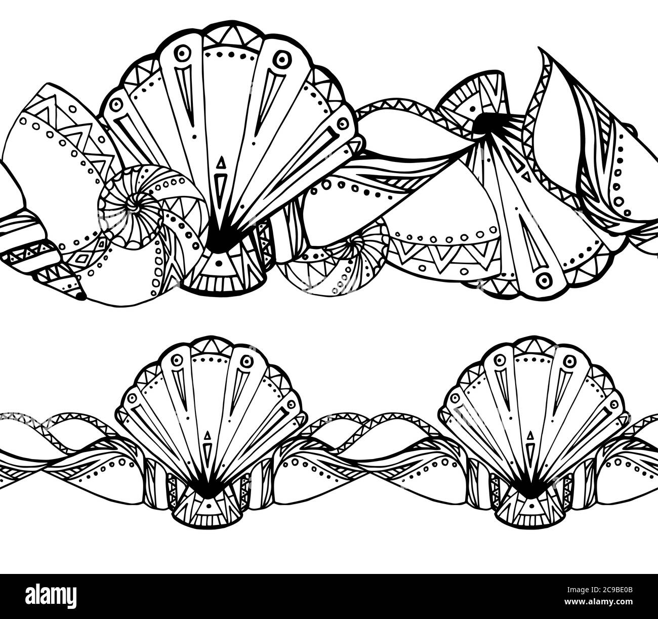 Seamless border with seashells decorated boho pattern. Vector element ...