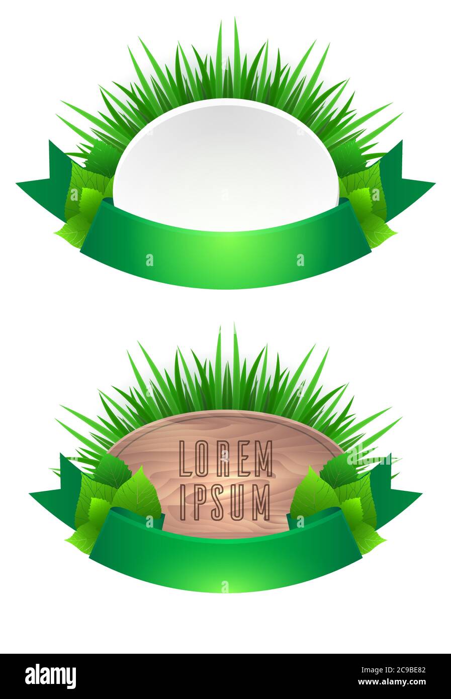 Set of icons with grass, leaves and green ribbons. Environmentally ...