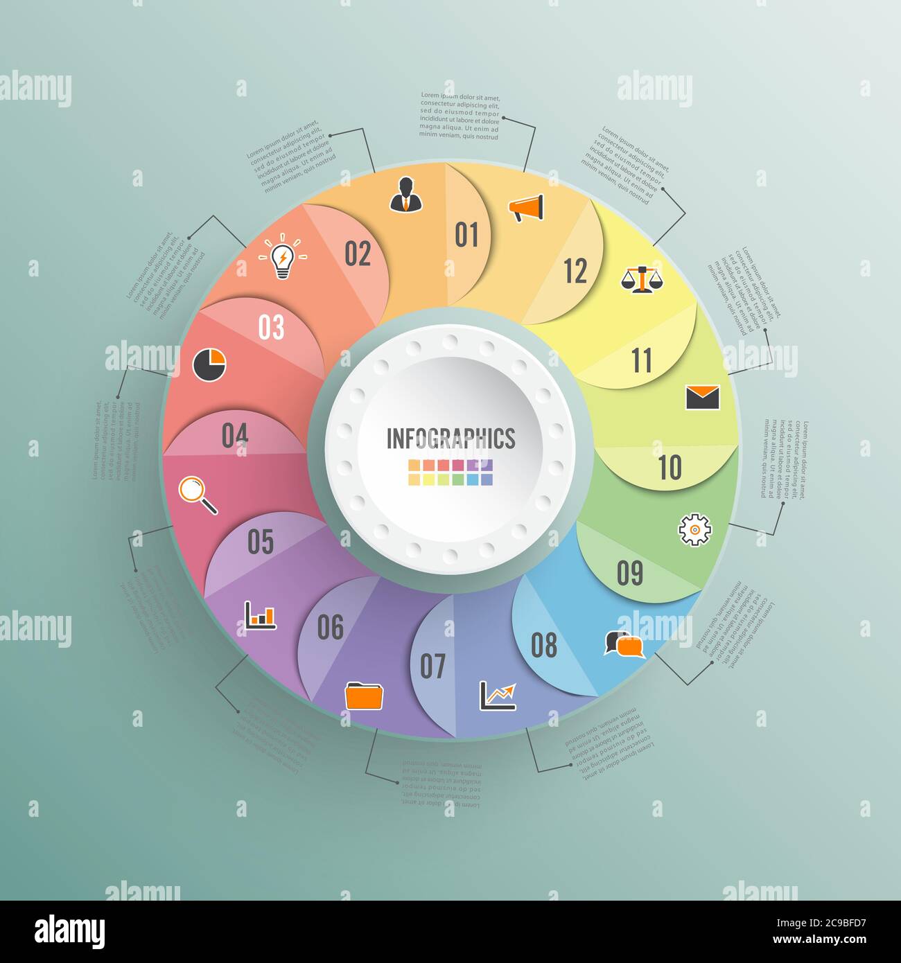 Circle chart infographic template with 12 options for presentations ...