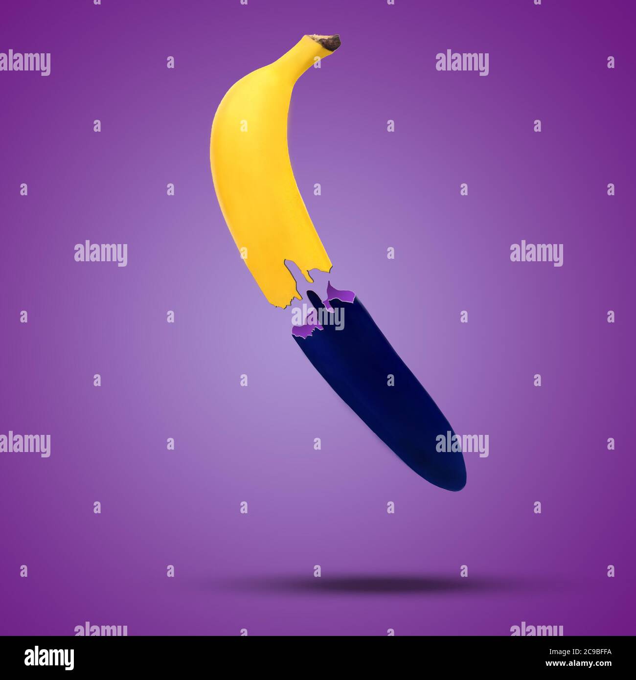 Banana cut on modern gradient purple background. Banana bottom painted ...