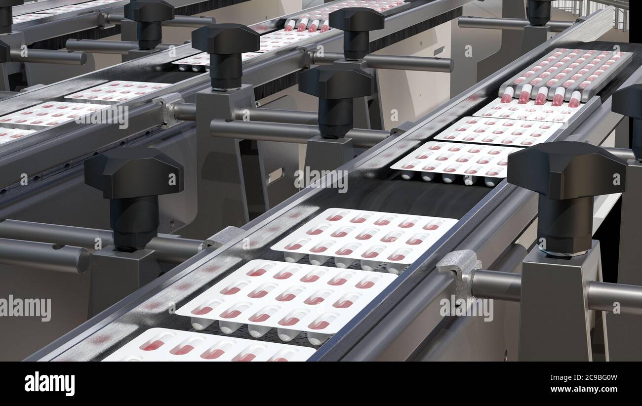 pharmacy medicine capsule pill in production line at medical factory ...