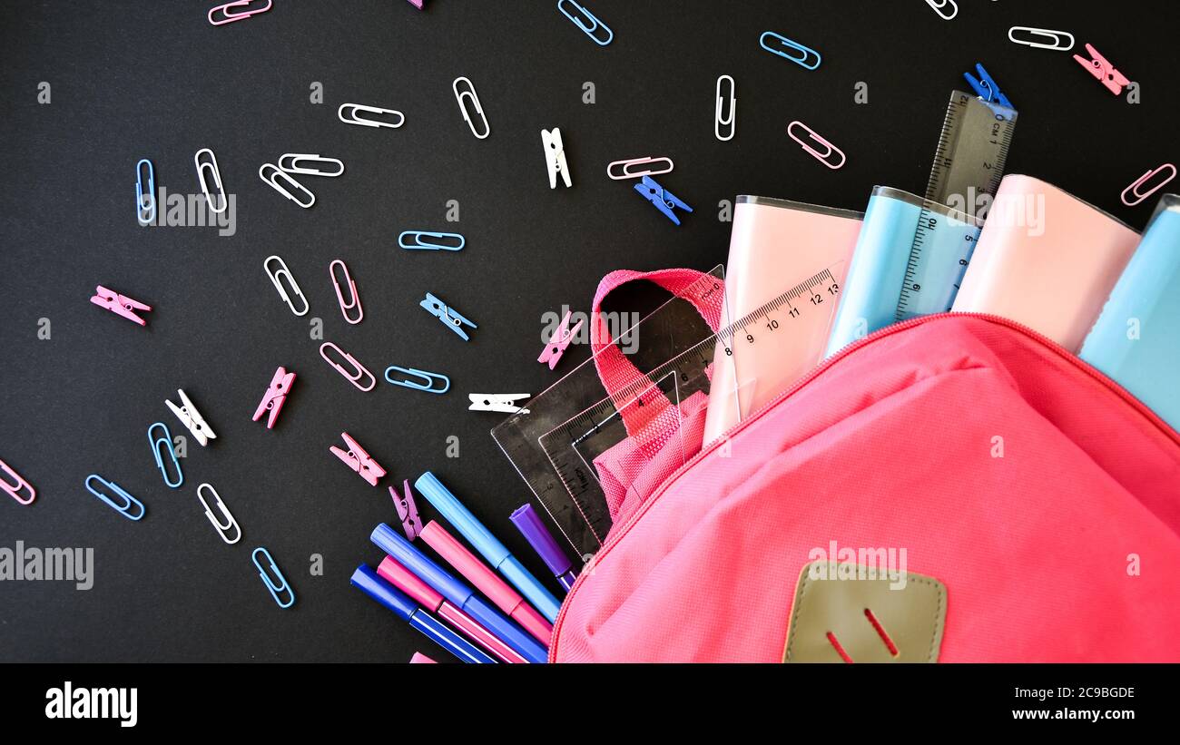 Pink Backpack With School Supplies on a Blackboard Background Stock ...