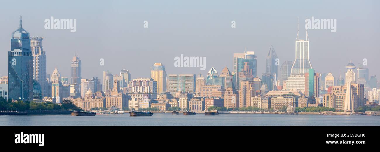 Large panorama of The Bund. High resolution skyline of Shanghai Puxi ...