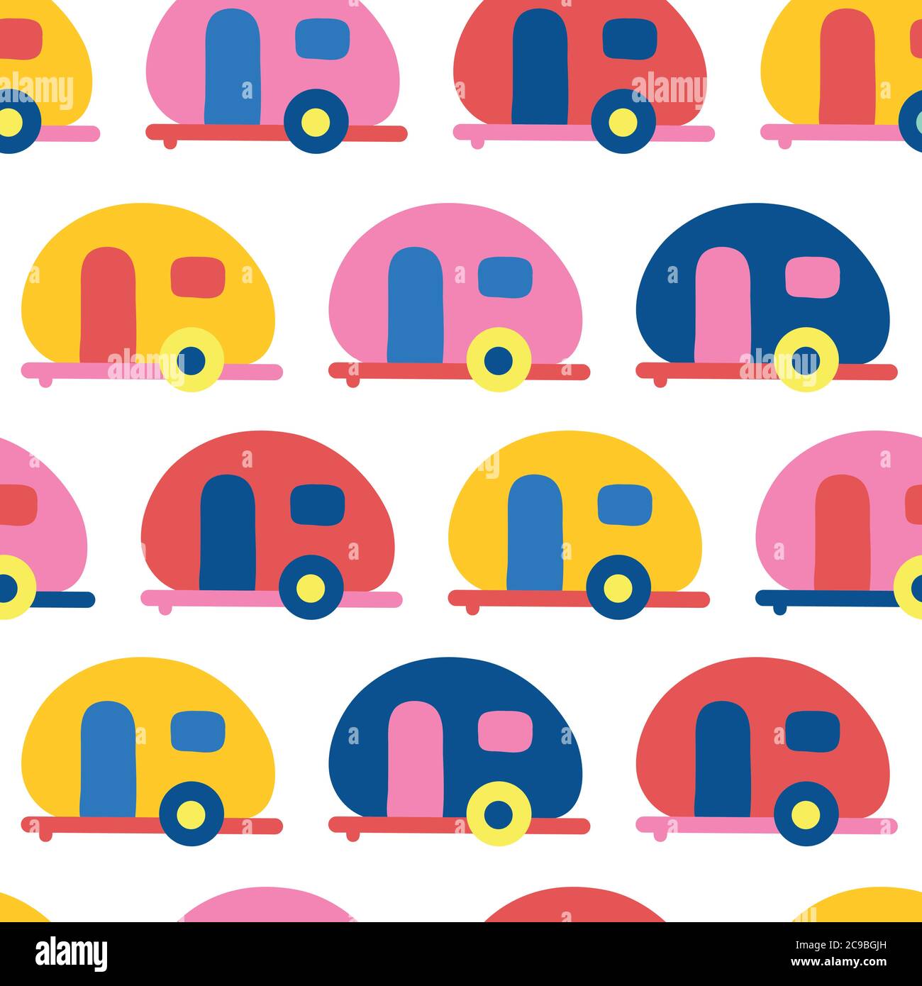 Camper van seamless vector pattern. Retro Caravans red, blue, yellow ...