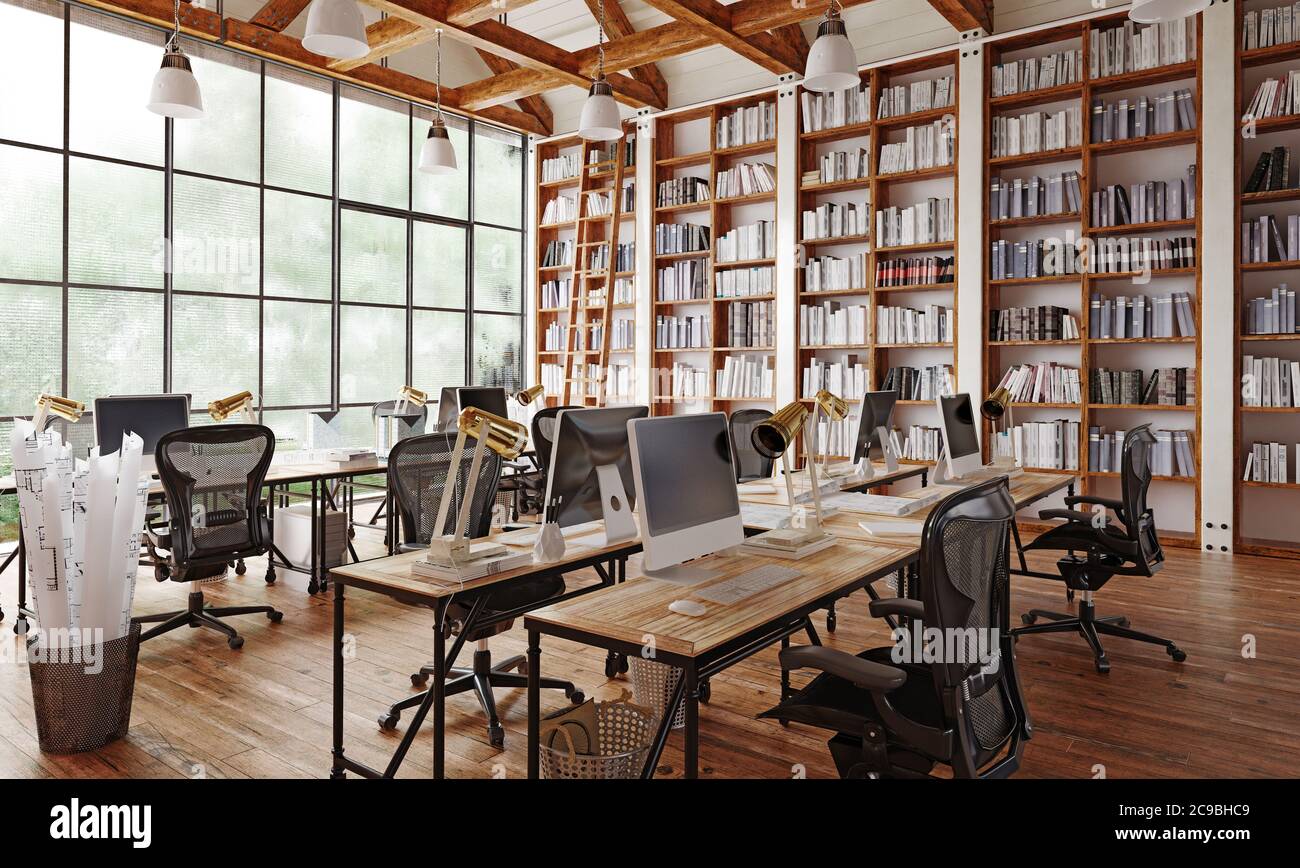 contemporary loft office interior. 3d rendering design concept Stock ...