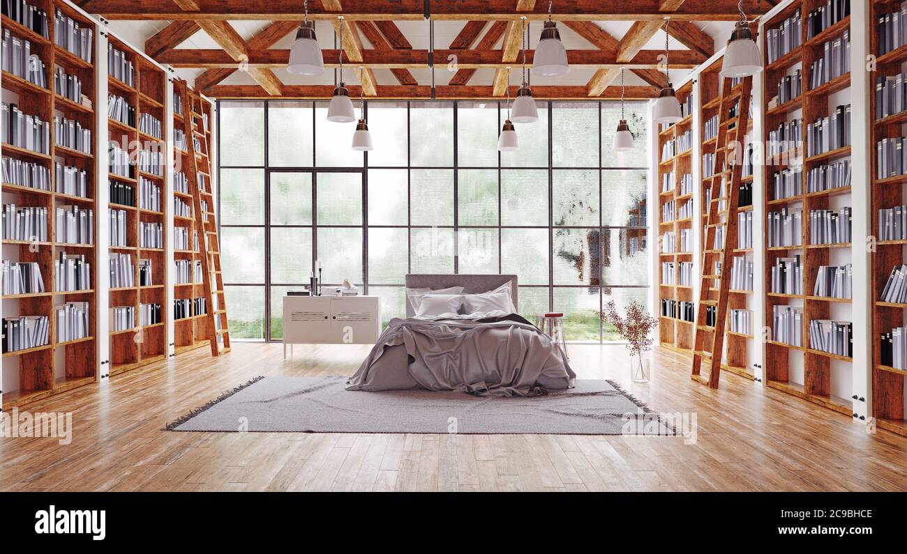 the bedroom with great library. 3d render interior Stock Photo - Alamy