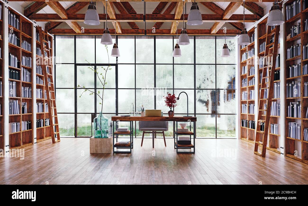 the home office room with great library. 3d render interior Stock Photo ...