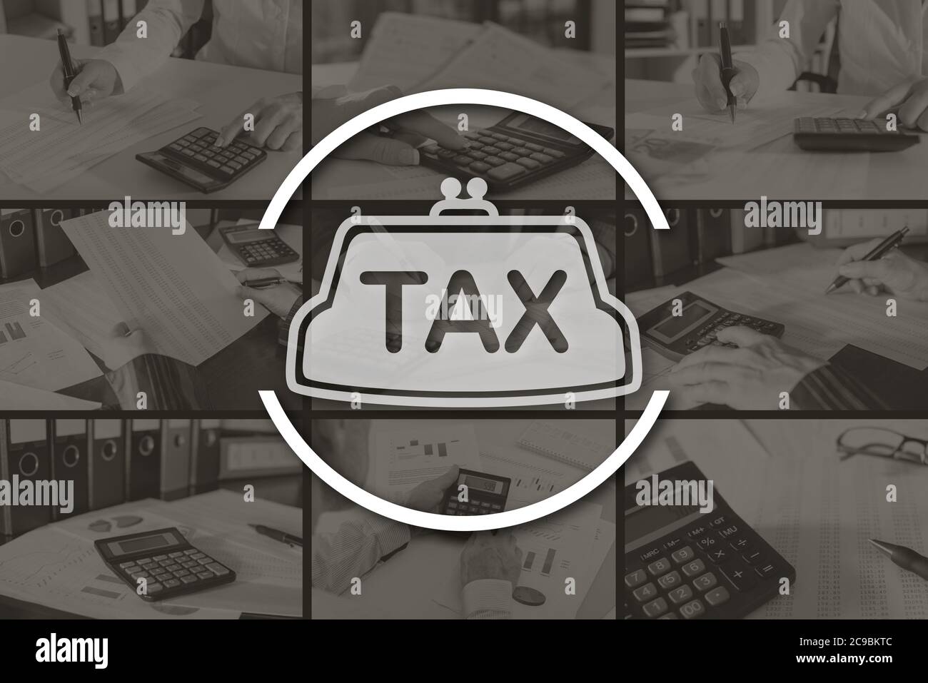 Tax concept illustrated by pictures on background Stock Photo - Alamy