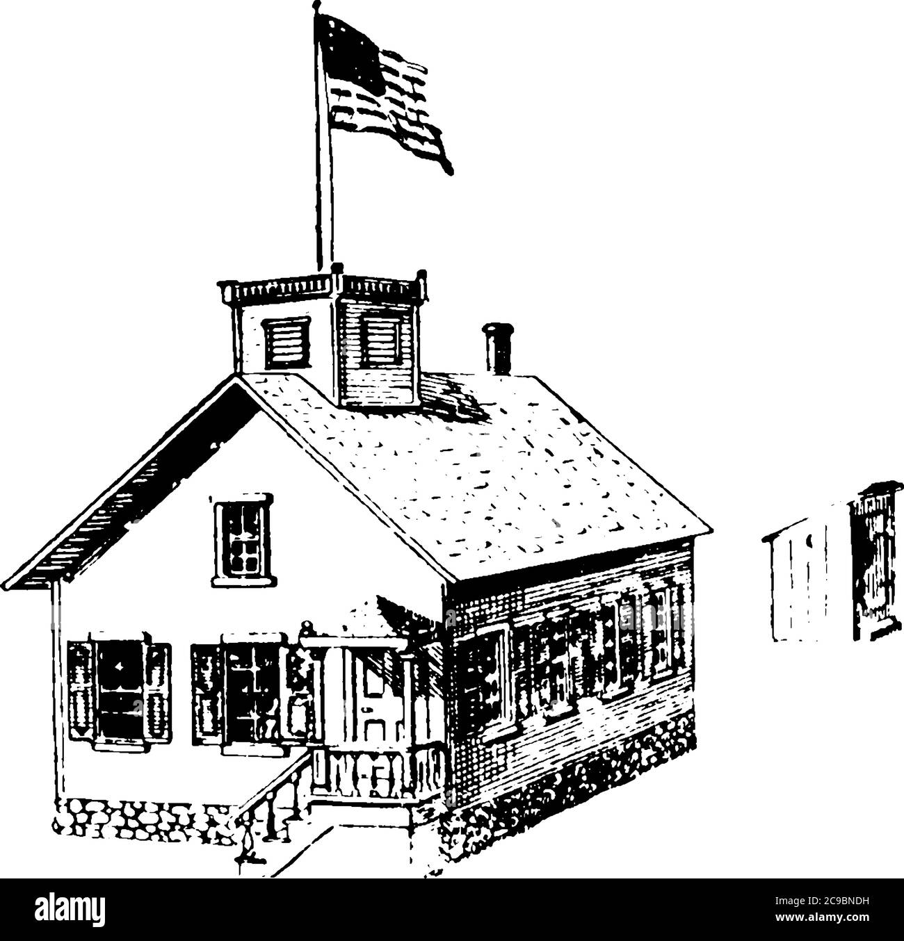 A school building without background view and contain a flag on top of ...