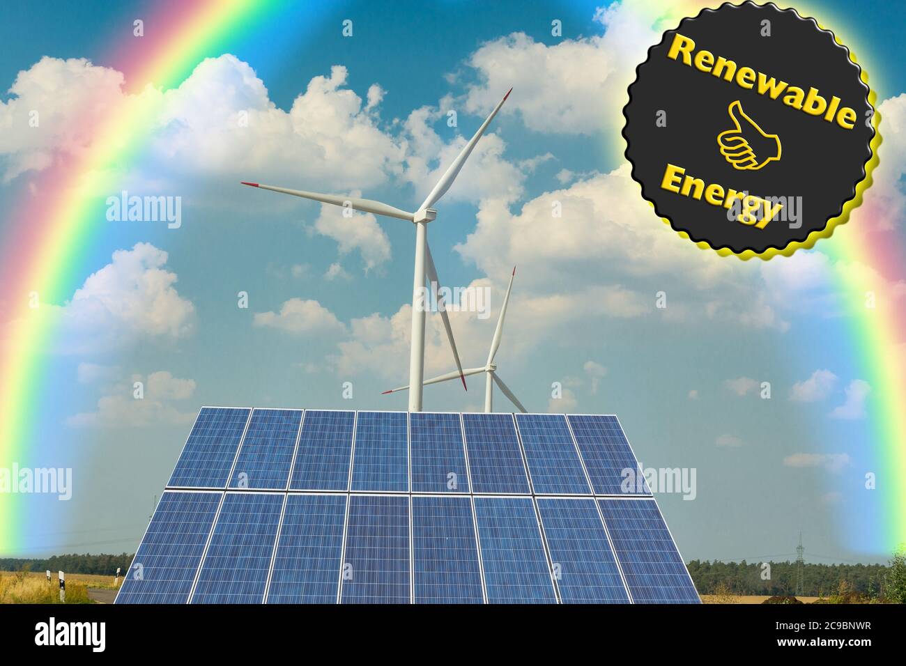 Sustainable green energy. Electric windmill generators in the sunrise ...