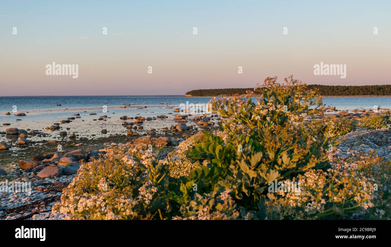 beautiful sunset landscape from a traditional rocky beach on the island ...