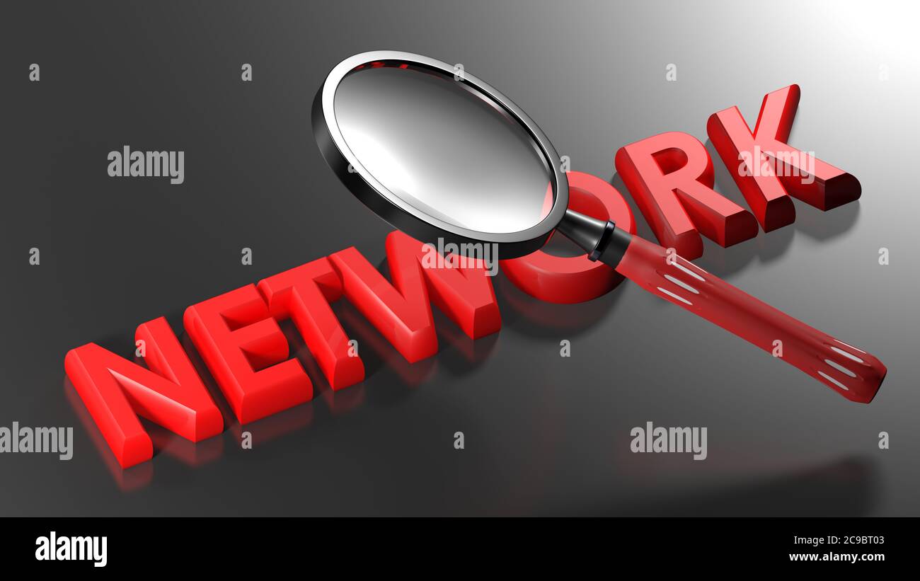 Magnifier over the word NETWORK - 3D rendering illustration Stock Photo ...