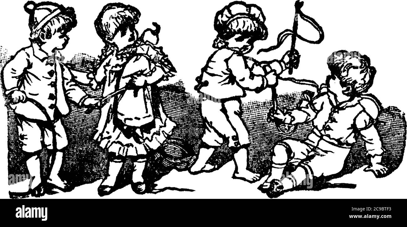 A group of small children playing with dolls as well as a ball and hoop ...