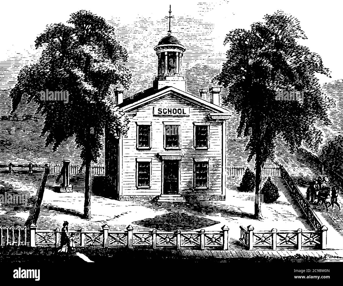 A school building with trees and shrubs in its premises, surrounded ...