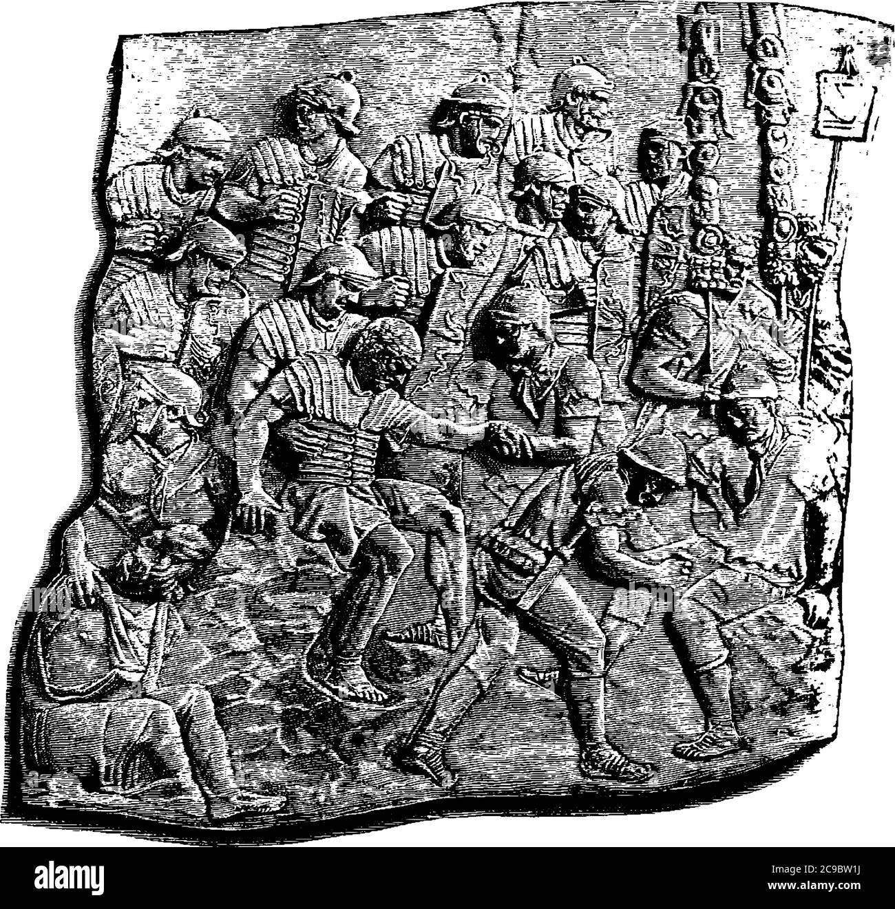 A Scenery showing taking care of wounded soldiers after battle, vintage ...