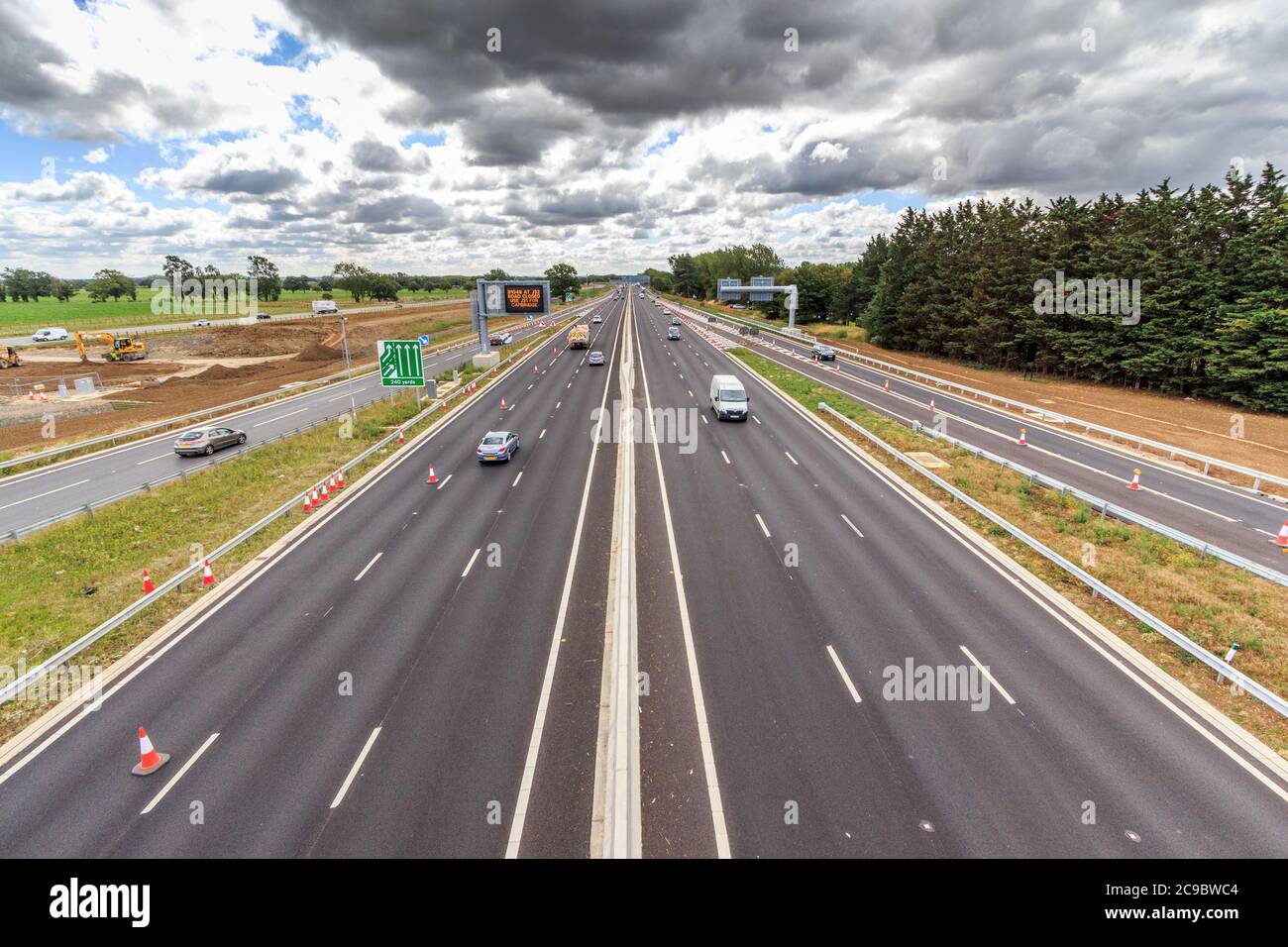 A14 new road construction, view from Cable Stayed steel footbridge ...