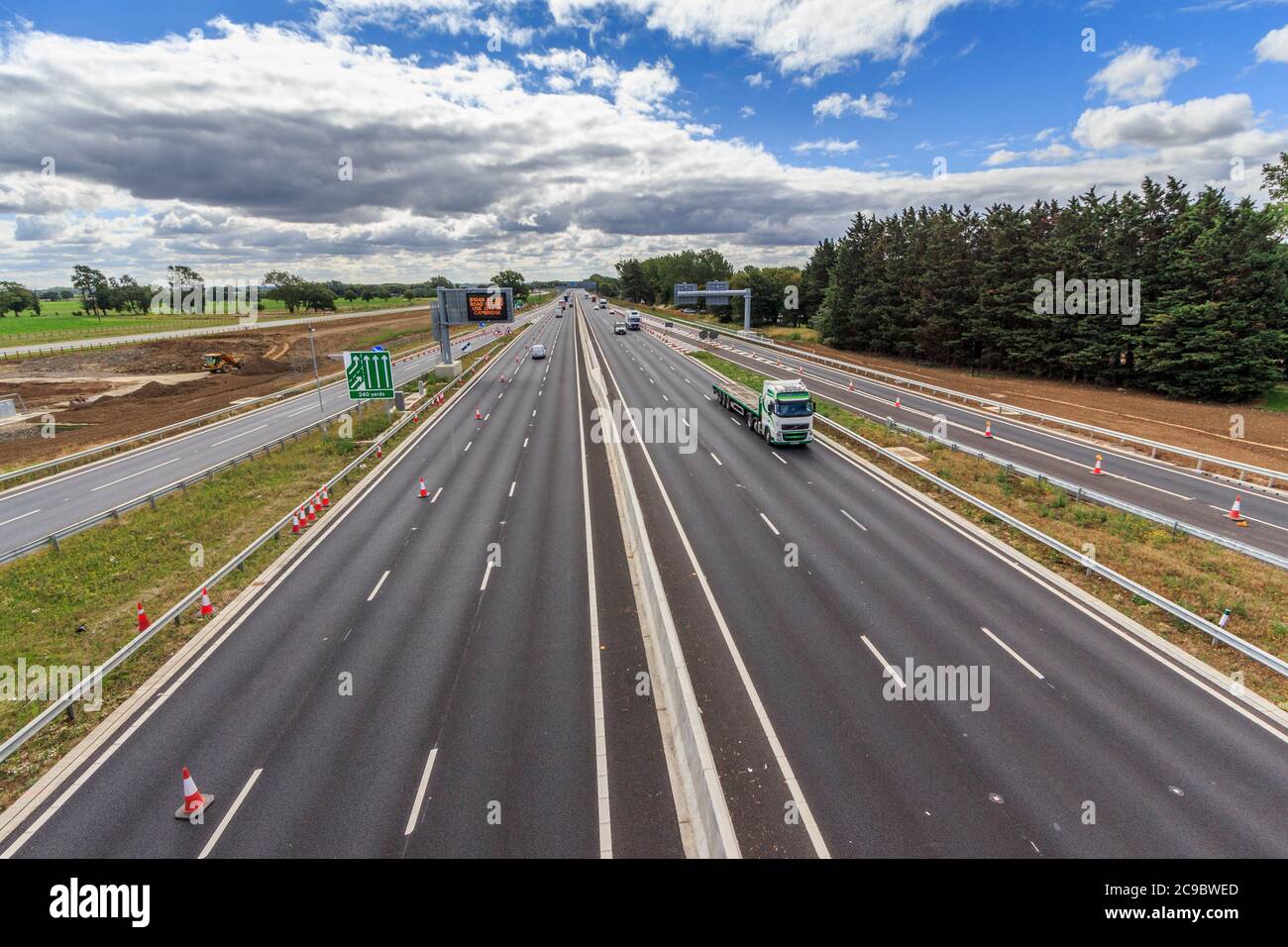 A14 new road construction, view from Cable Stayed steel footbridge ...