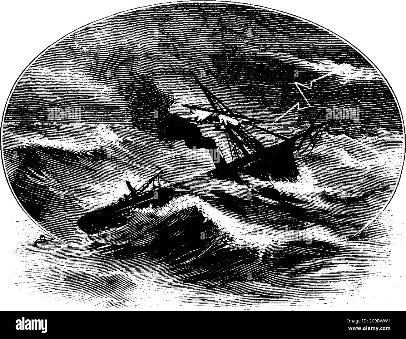 Image showing a storm in a sea where a boat got tilted, vintage line ...