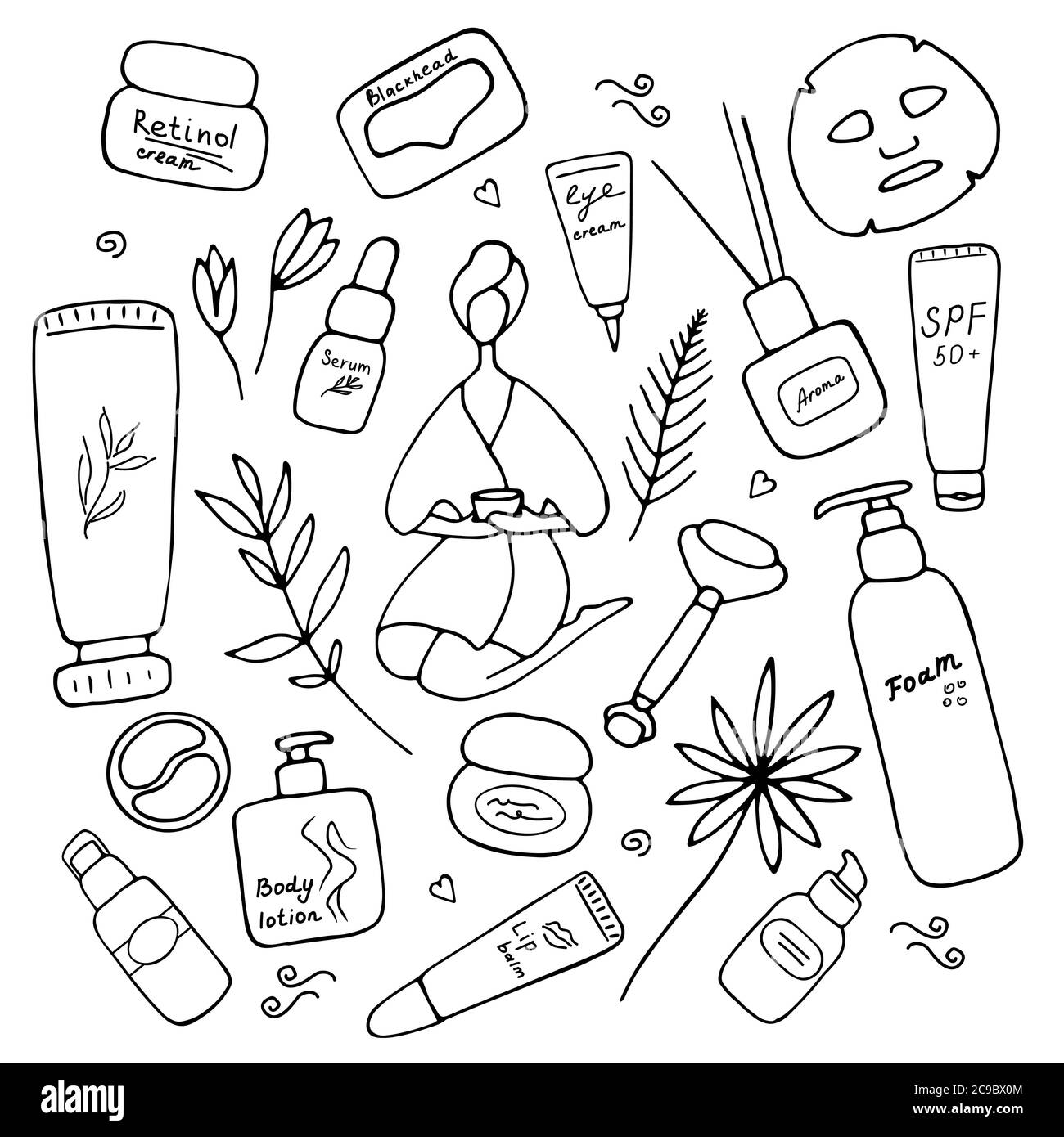 Big beauty set. Skin care and beauty signs, spa salon and self-care ...