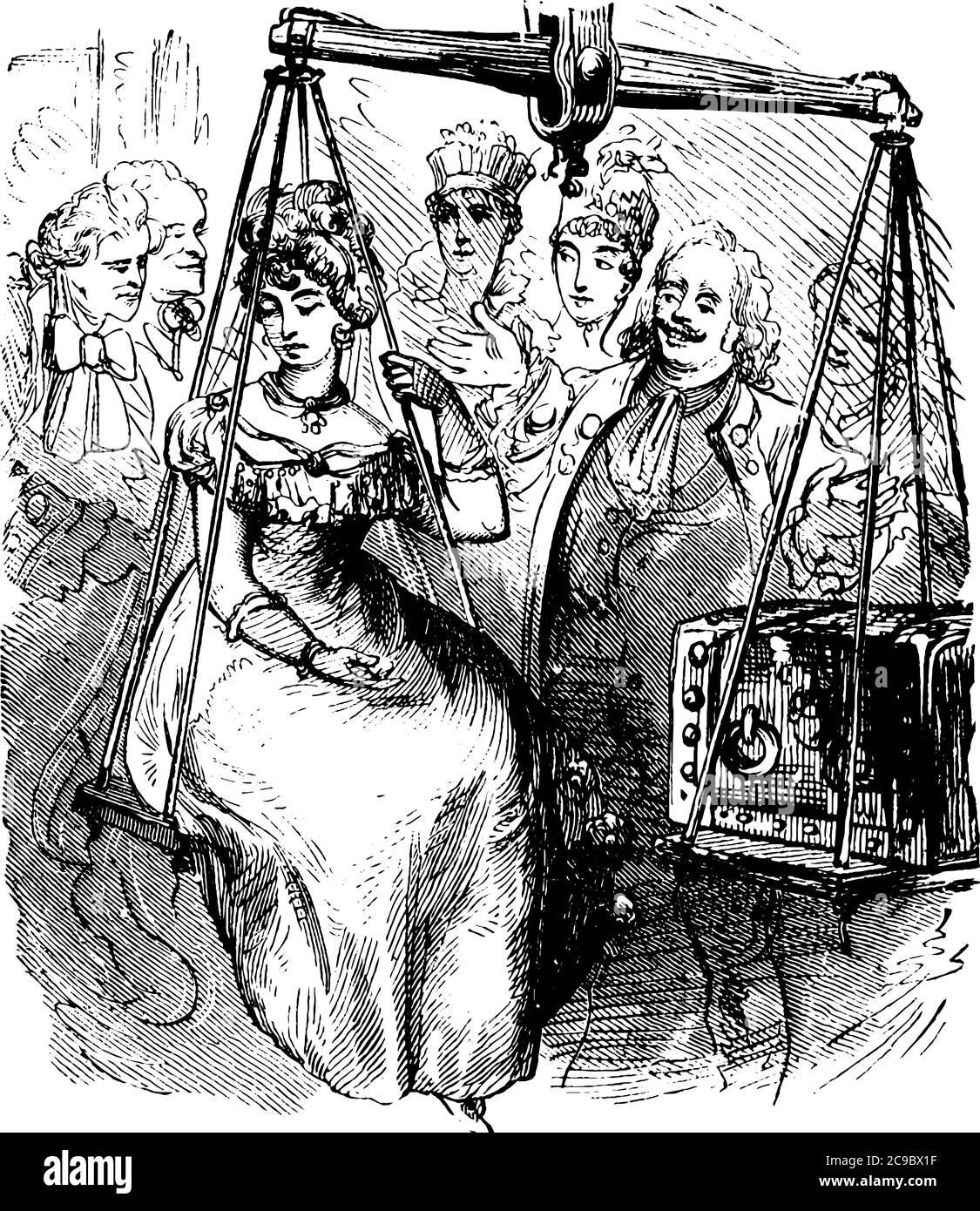 A group of people comparing weight of a young girl with a box on the ...