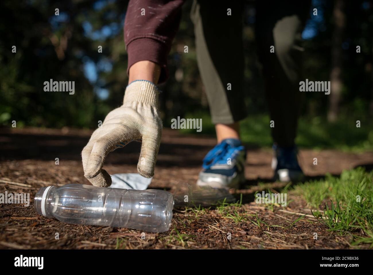 Woman collecting plastic garbage in forest. At jogging or running ...