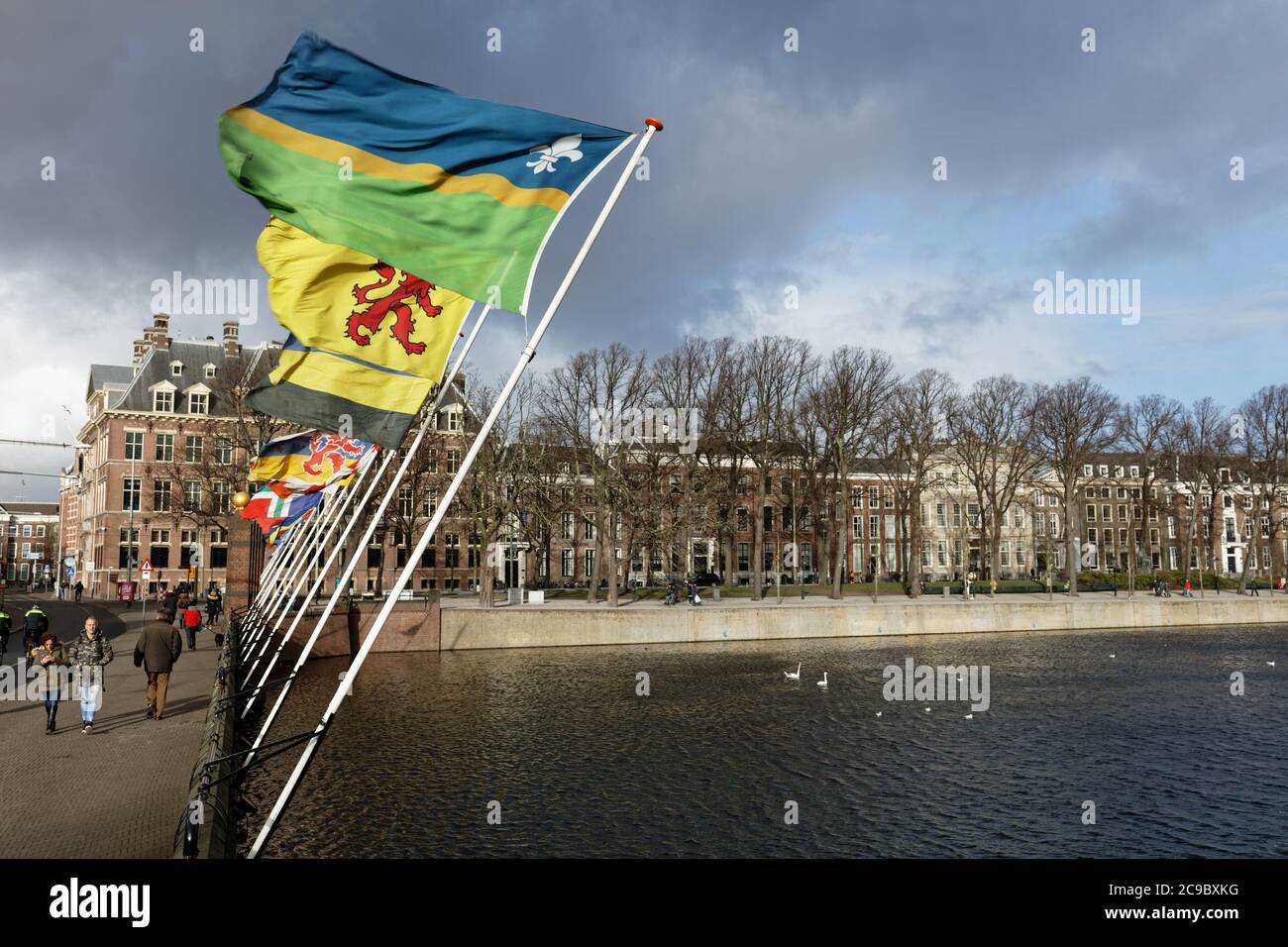Flags of twelwe Dutch provinces at the embankment of Hofvijver poind in ...