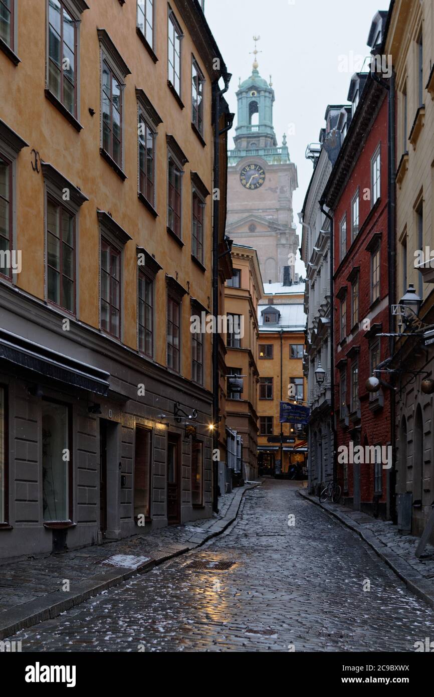Narrow street of Gamla Stan, Stockholm, Sweden with dominated ...