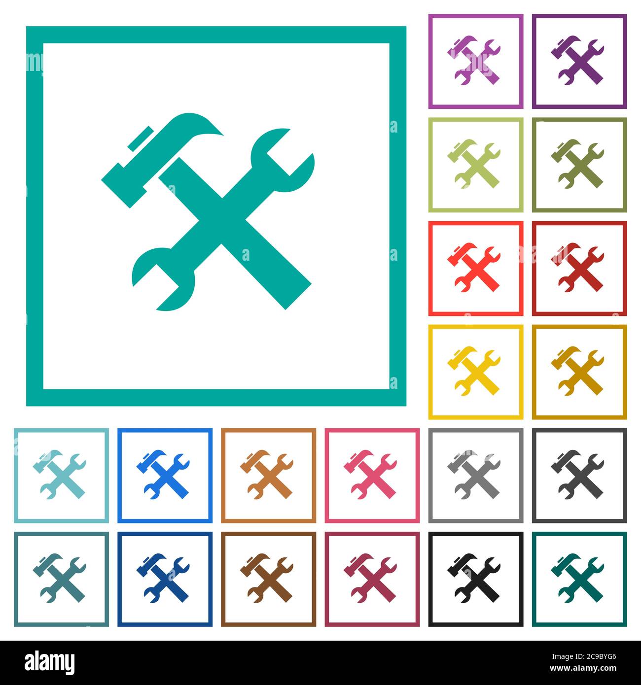 Wrench and hammer tools flat color icons with quadrant frames on white ...