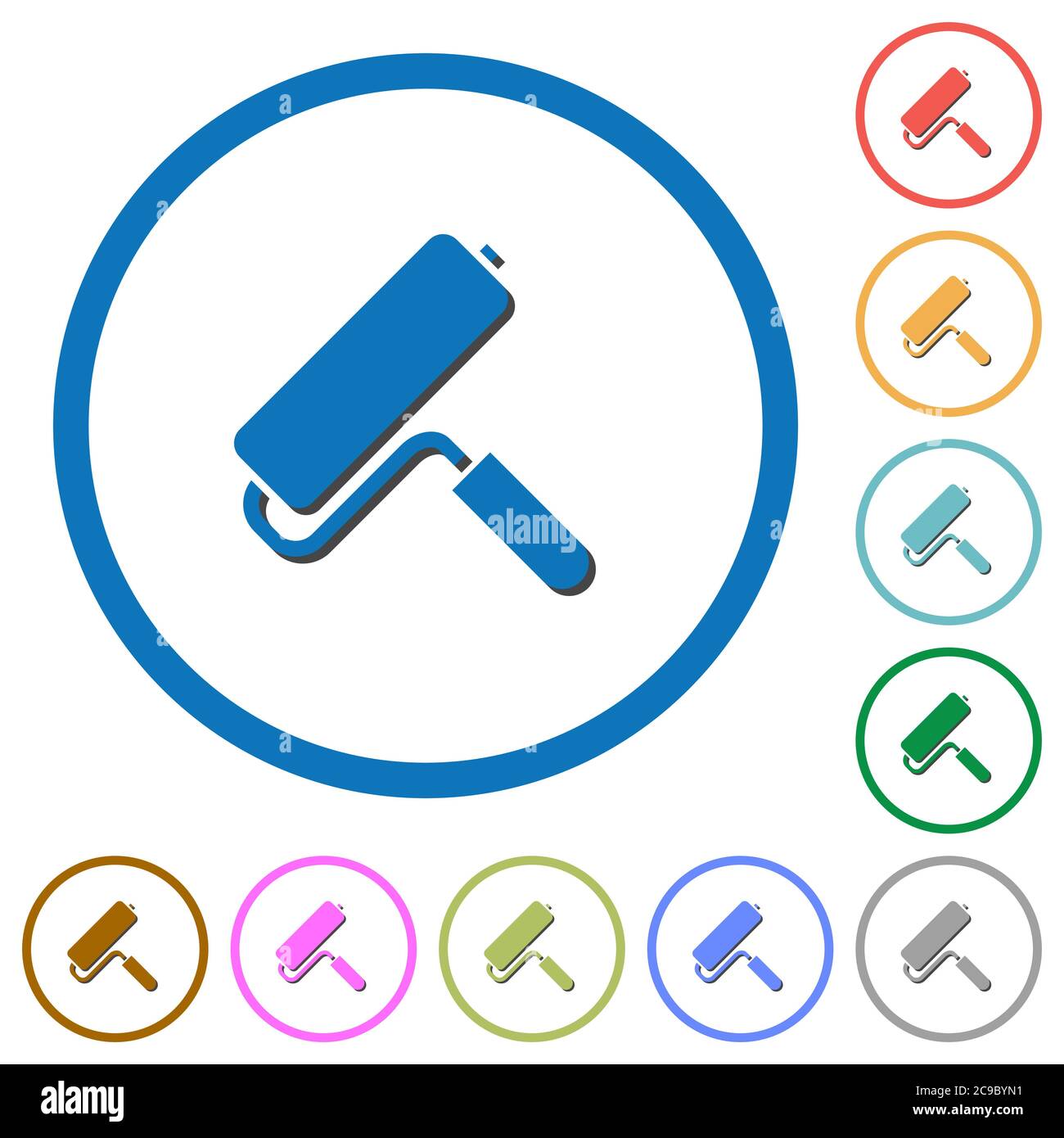 Paint roller flat color vector icons with shadows in round outlines on white background Stock ...