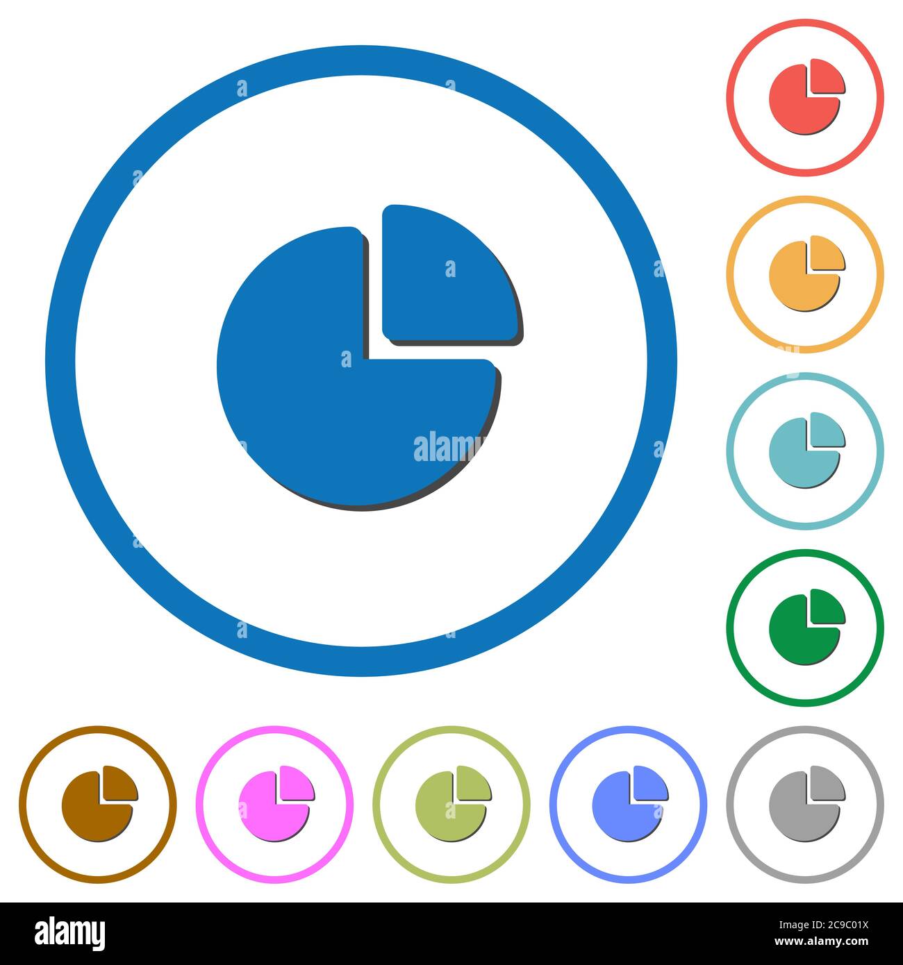 Pie chart flat color vector icons with shadows in round outlines on ...