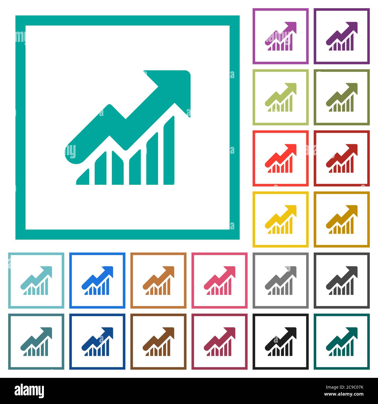 Rising graph flat color icons with quadrant frames on white background ...