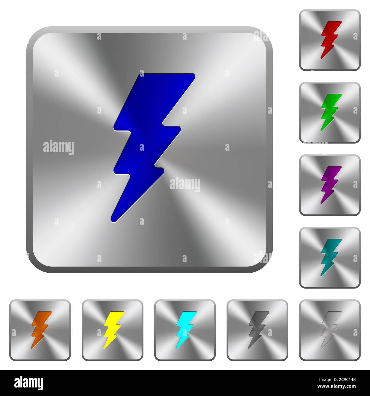 Lightning energy engraved icons on rounded square glossy steel buttons ...