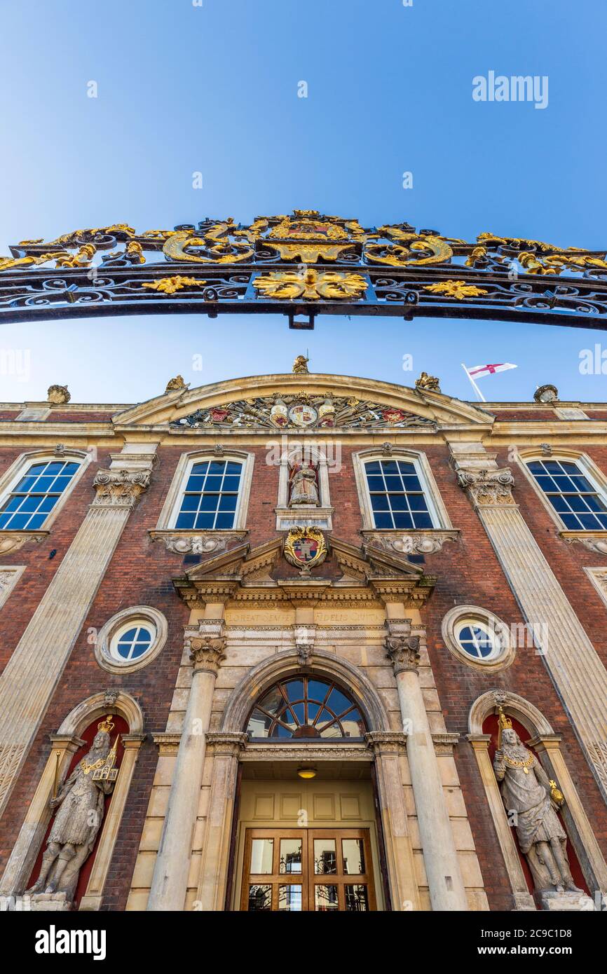 Through the entrance gate to the ornate Guildhall in the city of ...
