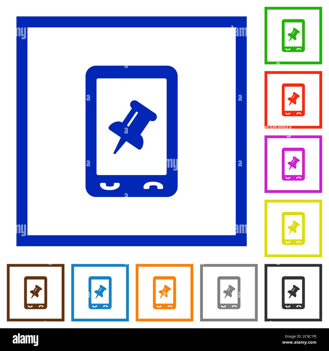 Mobile pin data flat color icons in square frames on white background ...