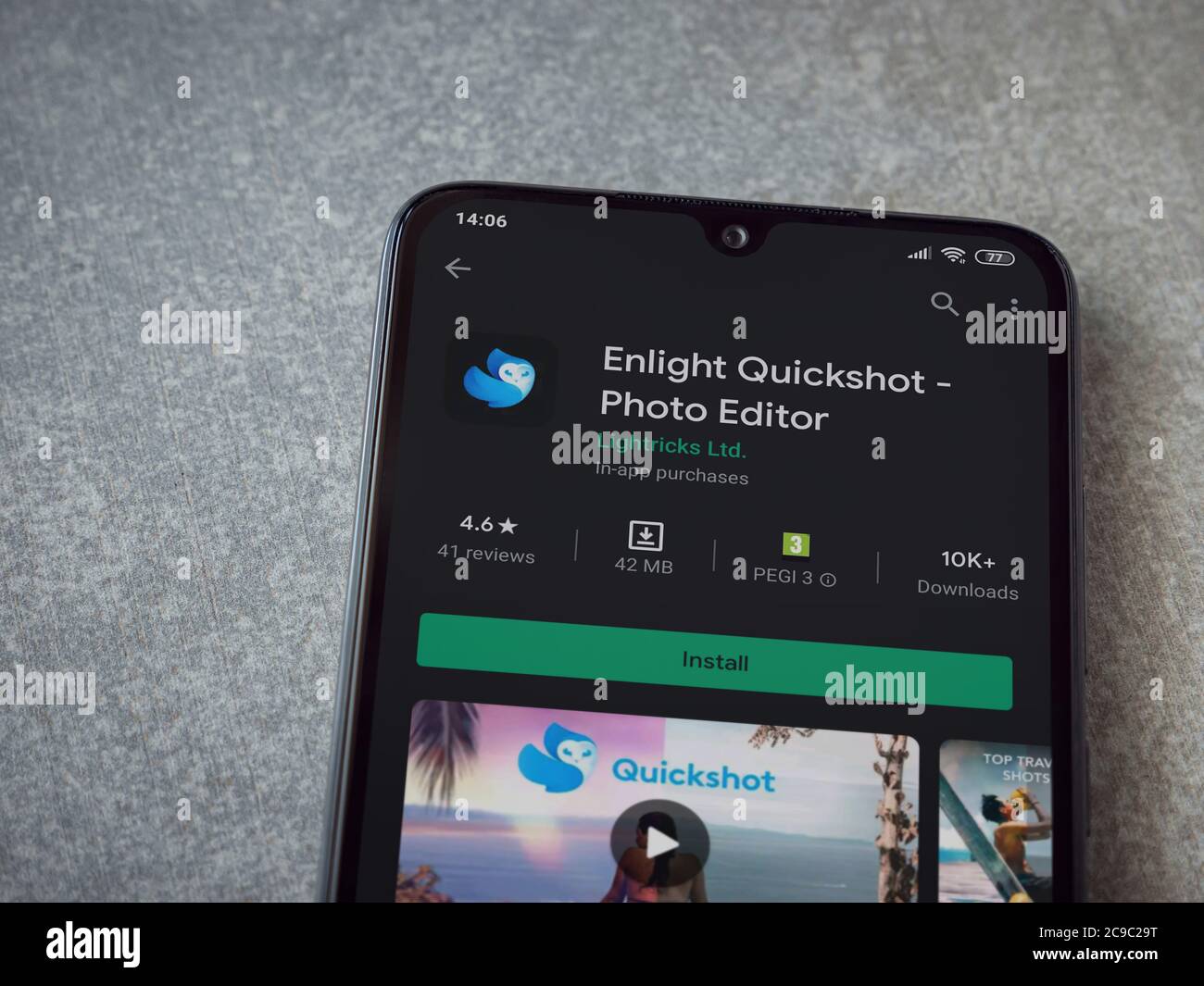 Lod, Israel - July 8, 2020: Enlight Quickshot app play store page on the display of a black ...