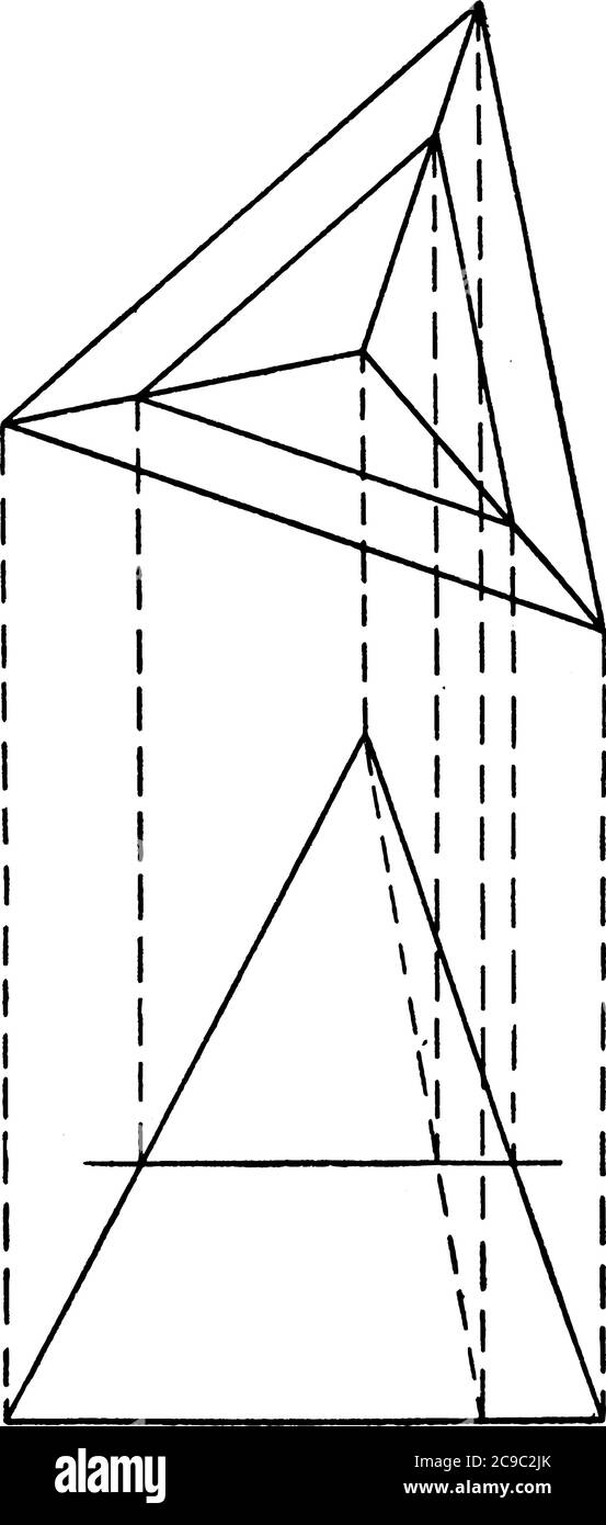 Intersection of a triangular pyramid and a plane vintage line drawing ...