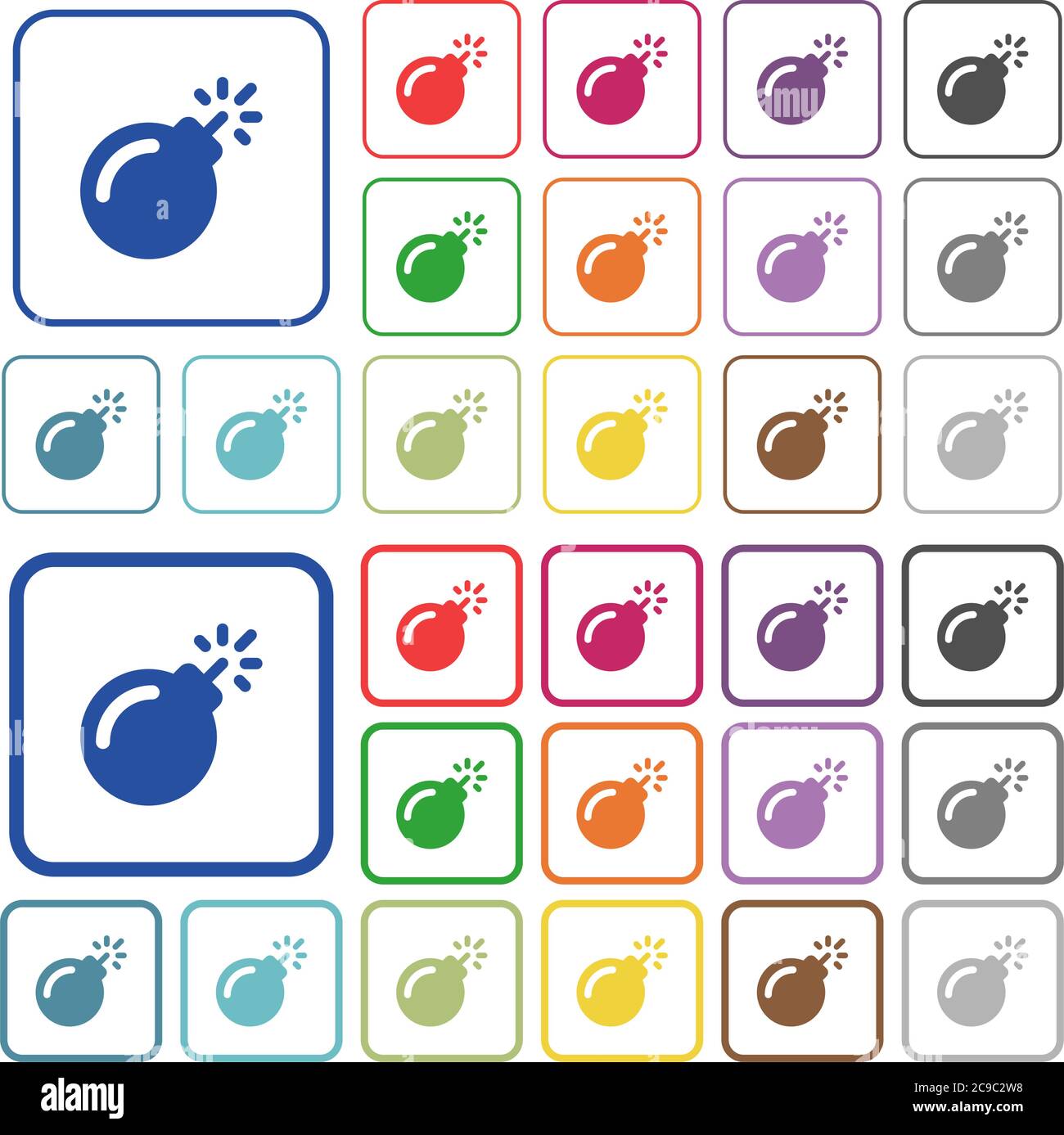 Bomb with sparkling fuse color flat icons in rounded square frames ...