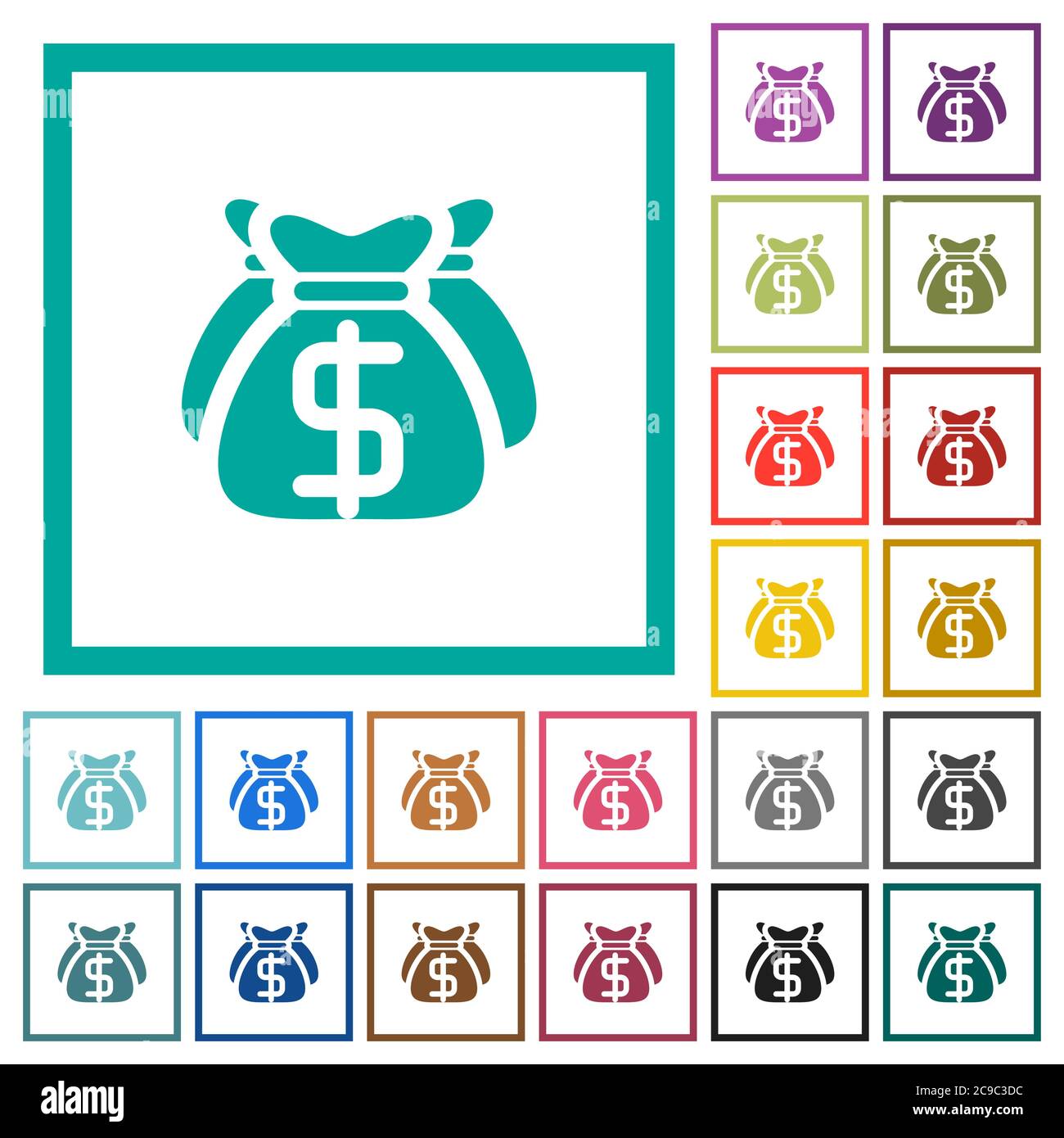 Dollar bags flat color icons with quadrant frames on white background ...