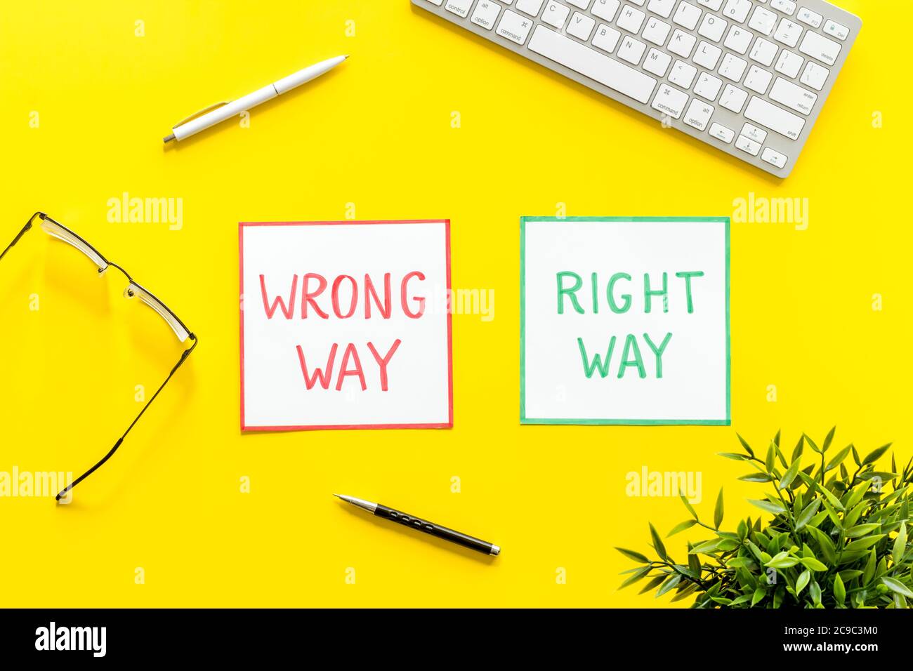 Doubt concept.. Right and wrong way icons on work desk from above Stock ...